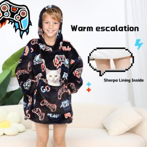 REXEO Wearable Blanket Hoodie for Kids Fleece Sweatshirt Blanket Gamer Gifts for Boys Girls Flannel Hooded Blanket with Pocket and Sleeves for Kids