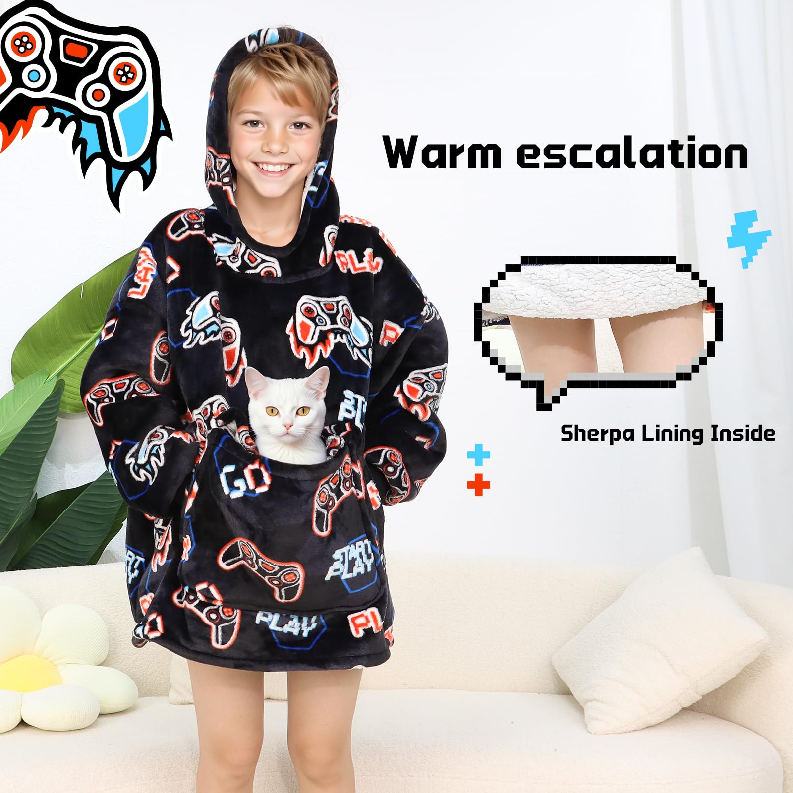 REXEO Wearable Blanket Hoodie for Kids Fleece Sweatshirt Blanket Gamer Gifts for Boys Girls Flannel Hooded Blanket with Pocket and Sleeves for Kids