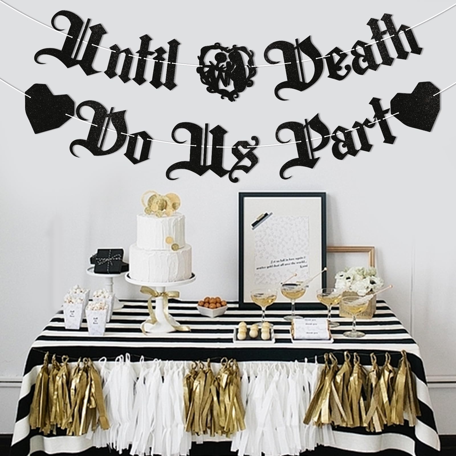 Until Death Do Us Part Banner - Skeleton Wedding Party Decorations, Gothic Wedding Bridal Shower Party Decorations, Halloween Wedding Bachelorette Party Decorations Black Glitter