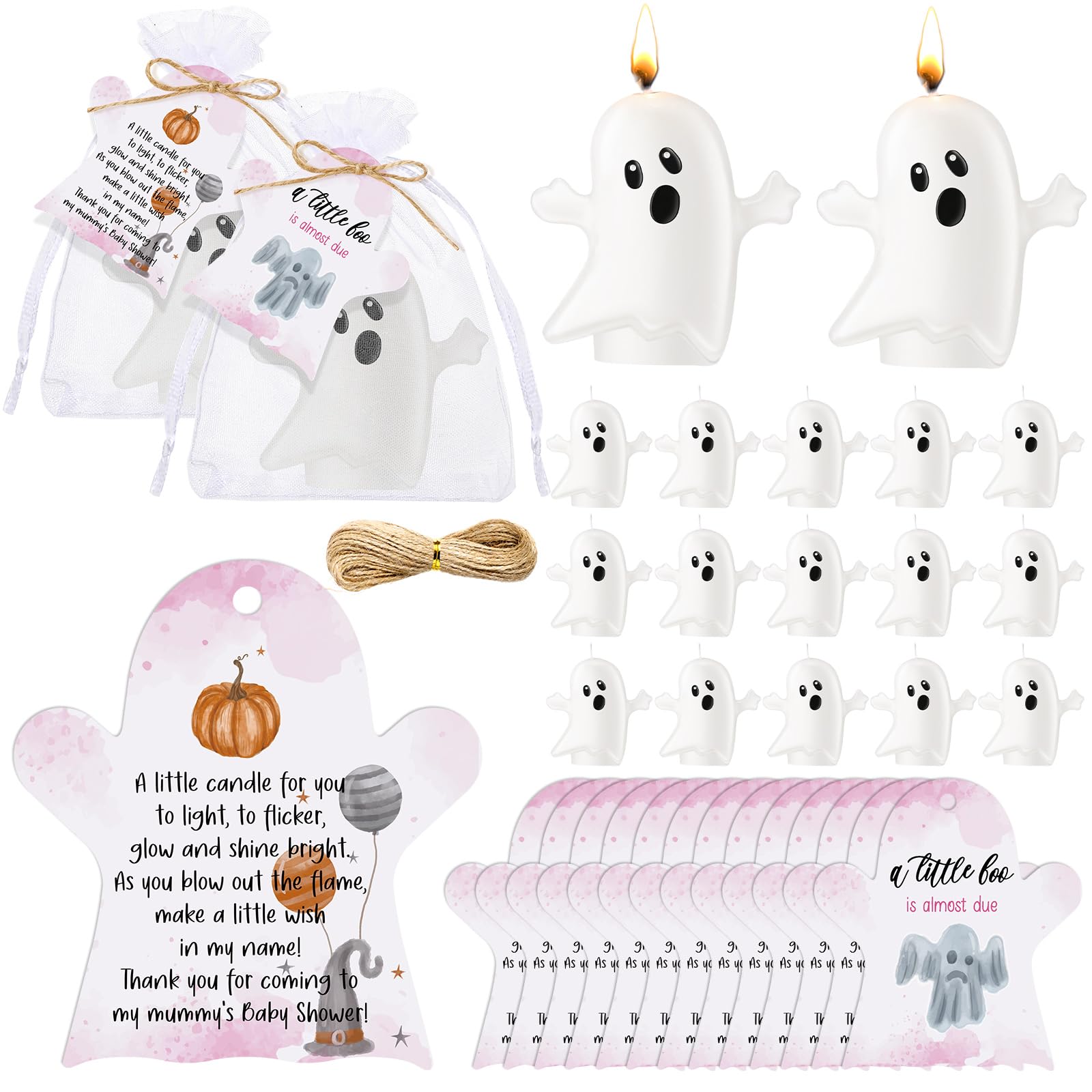 MTLEE 25 Sets Halloween Baby Shower Favors Cute Ghost Candles Unscented Ghost Candles Mini Thank You Cards Organza Bags with Twine for Halloween Baby Shower Gender Reveal Party Favors (Pink)