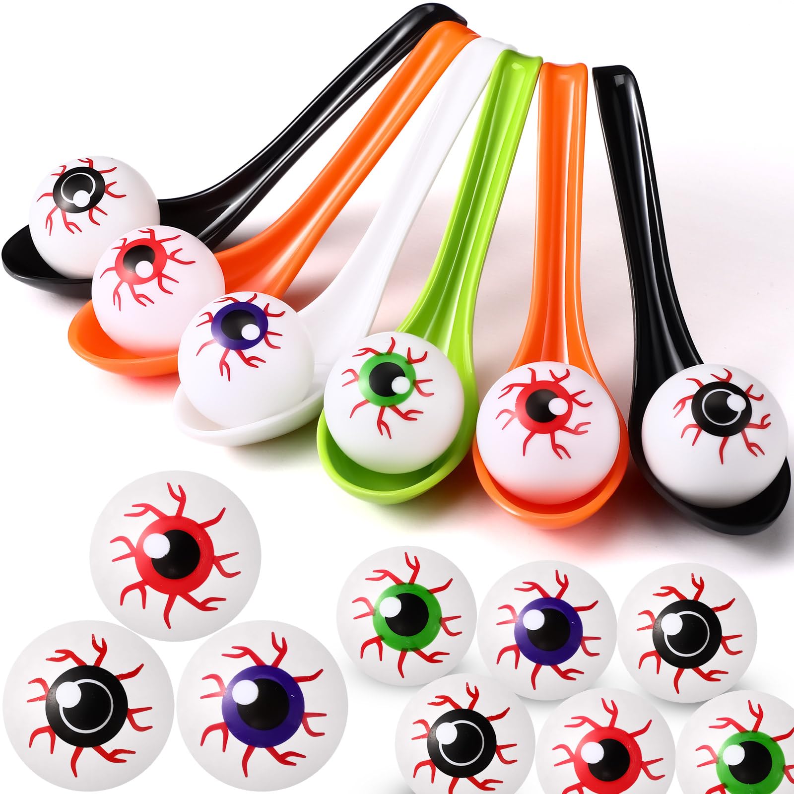 Liliful 24 Pcs Halloween Egg and Spoon Race Game Eyeball Spoon and Spoon Race Game Set for Halloween Party Favor Supplies Adults Indoor Outdoor Classroom Activities(Black, Purple, Red, Green)