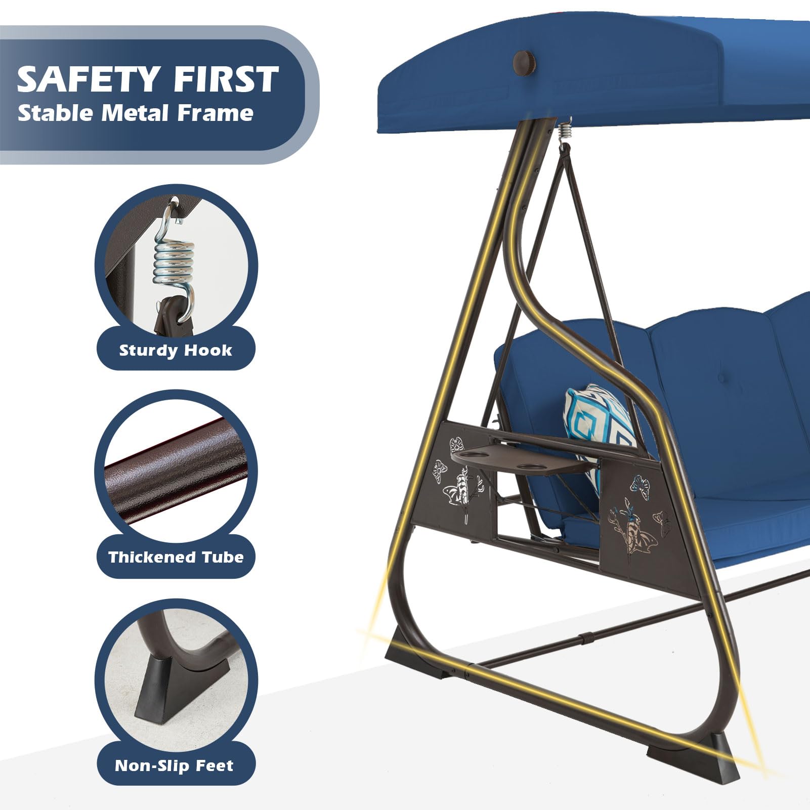 ZZW 3-Seat Patio Porch Swing 800LBS Outdoor Swing with Stand w/Canopy & Adjustable Backrest Patio Glider Chair w/Removable Pillows & Foldable Side Tray for Balcony Garden Deck (Blue)