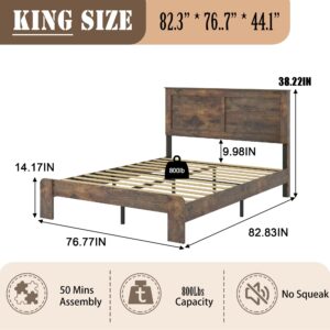 SAMTRA Wooden Bed Frame King Size with Headboard, Farmhouse Platform Bedframe with Wood Slat Support, Sturdy Framework Bed Frame, Easy Assembly (Rustic Brown)