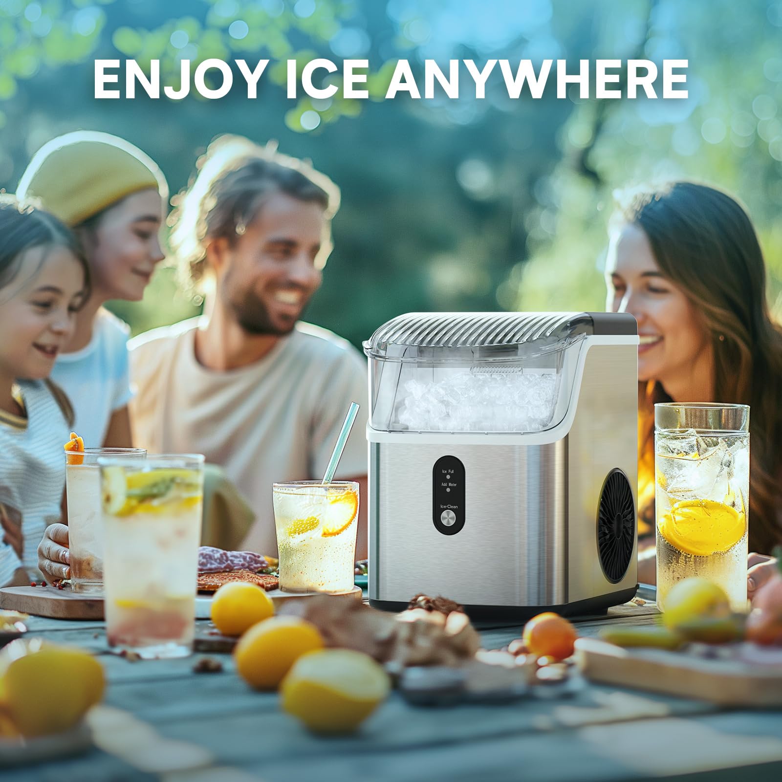 FREE VILLAGE Nugget Ice Makers Countertop, Pebble Ice Maker Machine with Soft Chewable Ice, 35lbs/24H, Self-Cleaning, One-Click Operation, Stainless Steel, Pellet Ice Maker for Home Kitchen Office