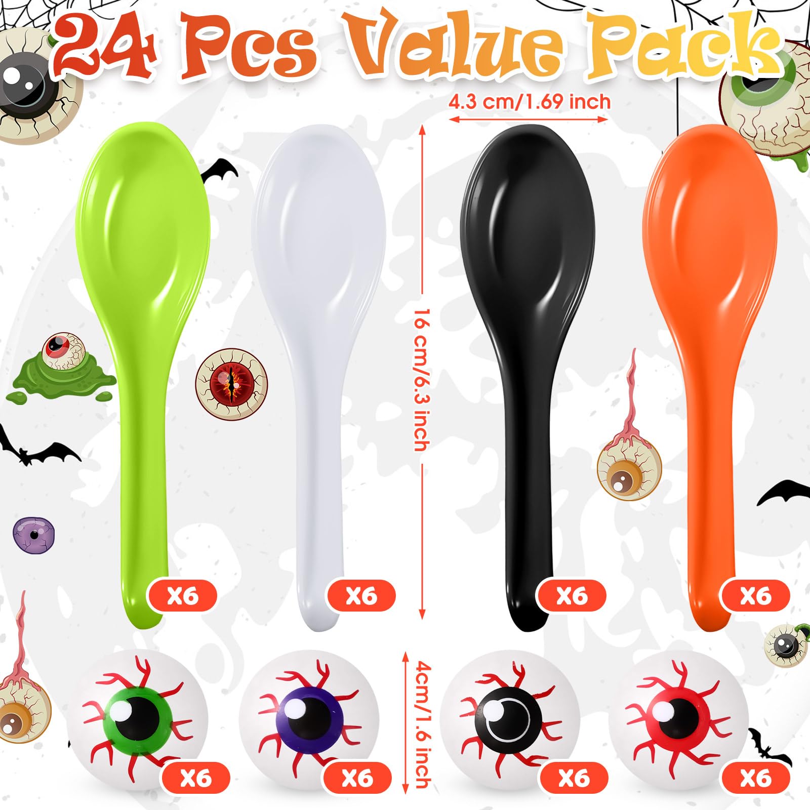 Liliful 24 Pcs Halloween Egg and Spoon Race Game Eyeball Spoon and Spoon Race Game Set for Halloween Party Favor Supplies Adults Indoor Outdoor Classroom Activities(Black, Purple, Red, Green)