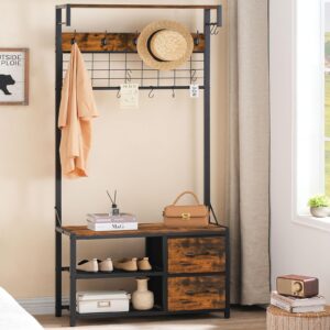 hoobro hall tree with bench, 31.5" coat rack with shoe storage, 2 fabric drawers, entryway bench with coat rack, coat and shoe rack for entryway, 9 s-shaped hooks, rustic brown and black bf08mt01