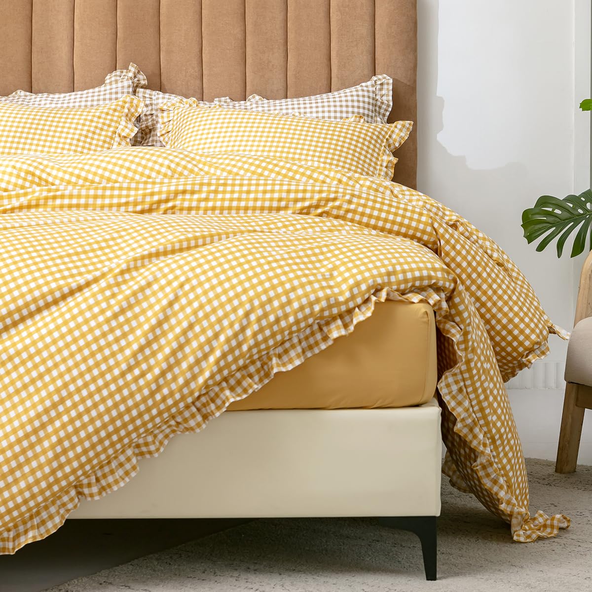 INFLAG Ruffle Duvet Cover Set Twin Size, Vintage Ruffle Plaid Bedding Set, 100% Washed Cotton Soft Breathable Quilt Cover 2 Pieces Zipper Closure Bedding (Yellow, Twin 66"x90")