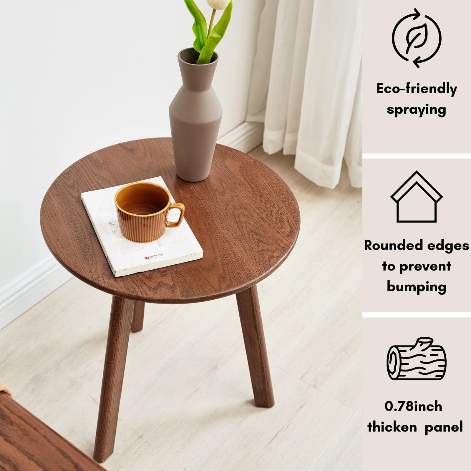 Vadisun Round End Table - Accent Side Table with 3 Legs, 100% Natural Solid Wood Side Table for Living Room, Painted Small End Table for Bedroom Office Small Spaces (2 pcs.Walnut)