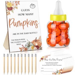 seenelling 152 pcs fall baby shower games guess how many pumpkins game stand sign 100 pumpkins guessing cards 20 pencils 1 large baby bottle 30 pumpkins for guests gender reveal party game decorations