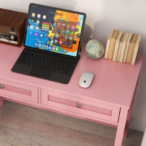 Vikiullf Pink Desk with Drawers - 39 in Study Writing Table Makeup Vanity Desks for Small Spaces, Modern Home Office Desk with 2 Rattan Drawers, (Pink, 39.5)