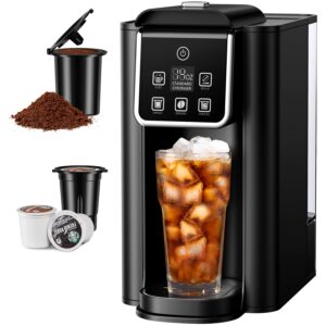 shardor single serve coffee maker, hot and iced coffee machine for k-cup pods & ground coffee, 6 to 14 oz brew sizes, 50 oz removable water tank, bold brew setting, stainless steel, black