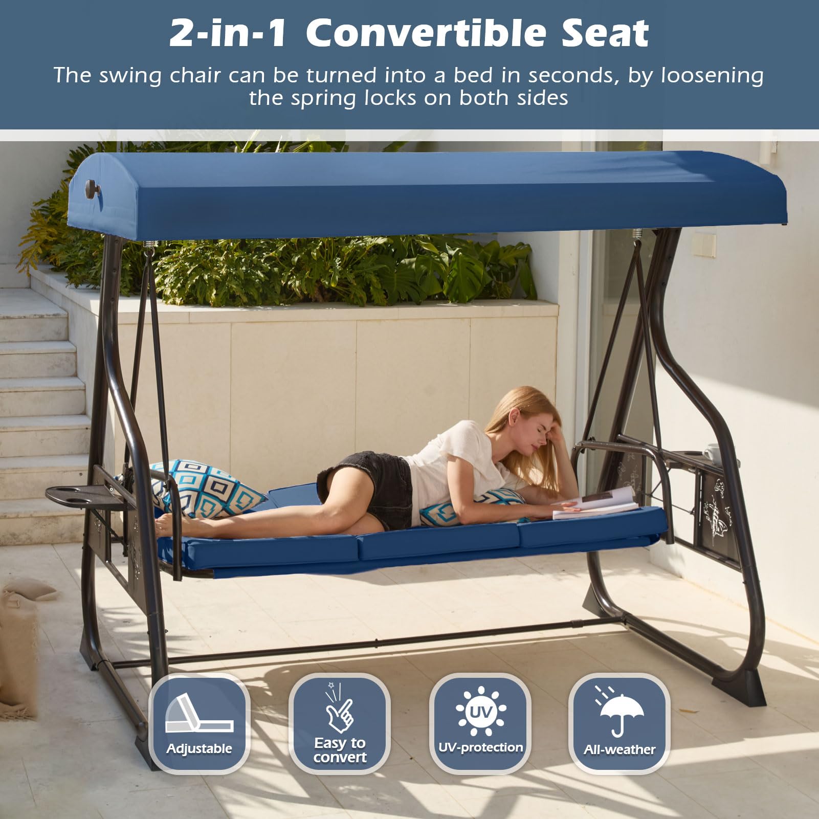 ZZW 3-Seat Patio Porch Swing 800LBS Outdoor Swing with Stand w/Canopy & Adjustable Backrest Patio Glider Chair w/Removable Pillows & Foldable Side Tray for Balcony Garden Deck (Blue)