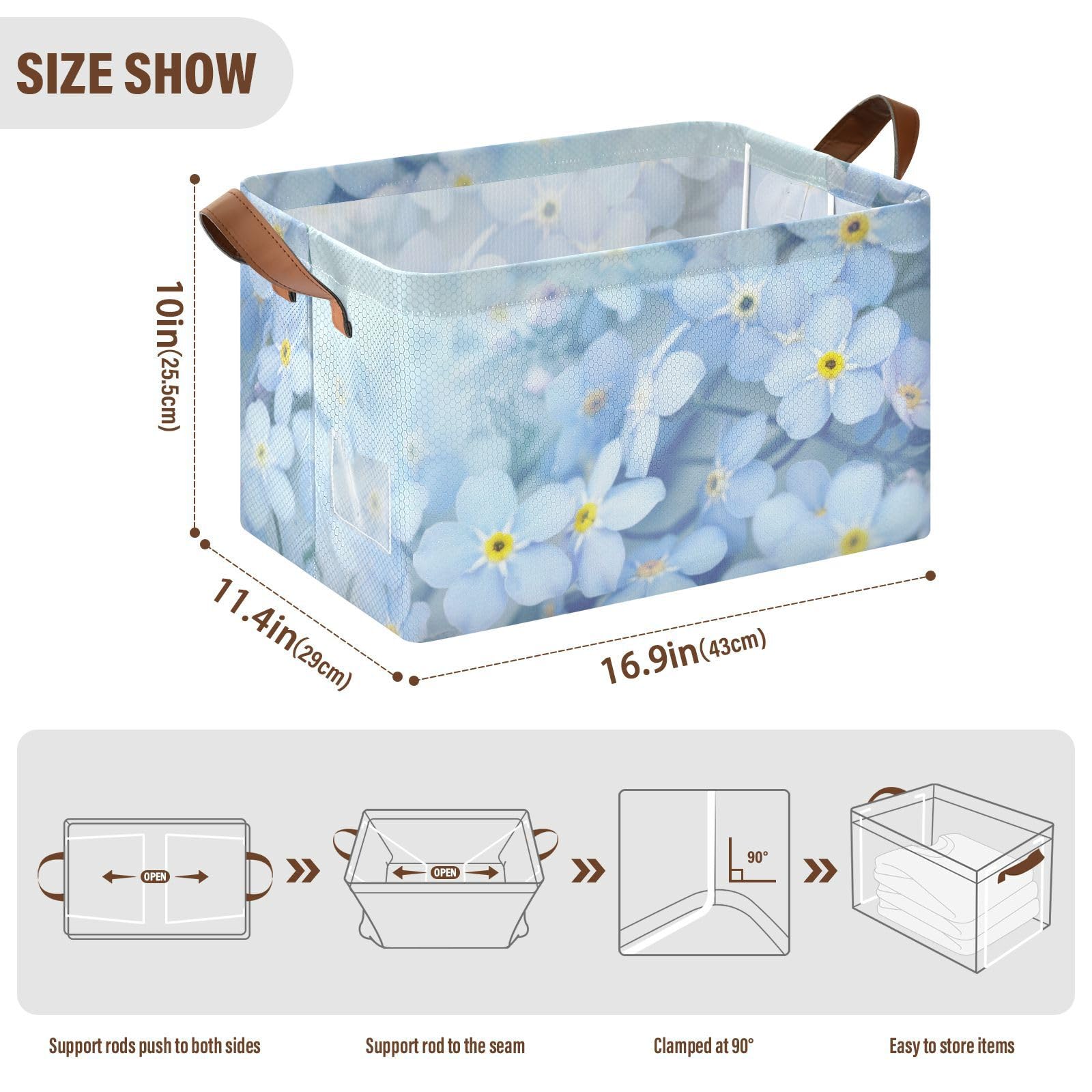 susiyo Blue Forget Me Nots Flowers Storage Bins Fabric Closet Storage Baskets with Wire Support Frame and Handles- 1 Piece