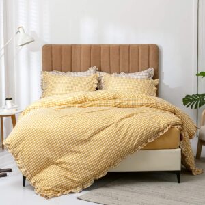 inflag ruffle duvet cover set twin size, vintage ruffle plaid bedding set, 100% washed cotton soft breathable quilt cover 2 pieces zipper closure bedding (yellow, twin 66"x90")