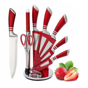 kitchen knife set, 9-piece red knife set with acrylic block, non stick sharp high carbon stainless steel chef knife set with sharpener for kitchen cutting kitchen gifts for women