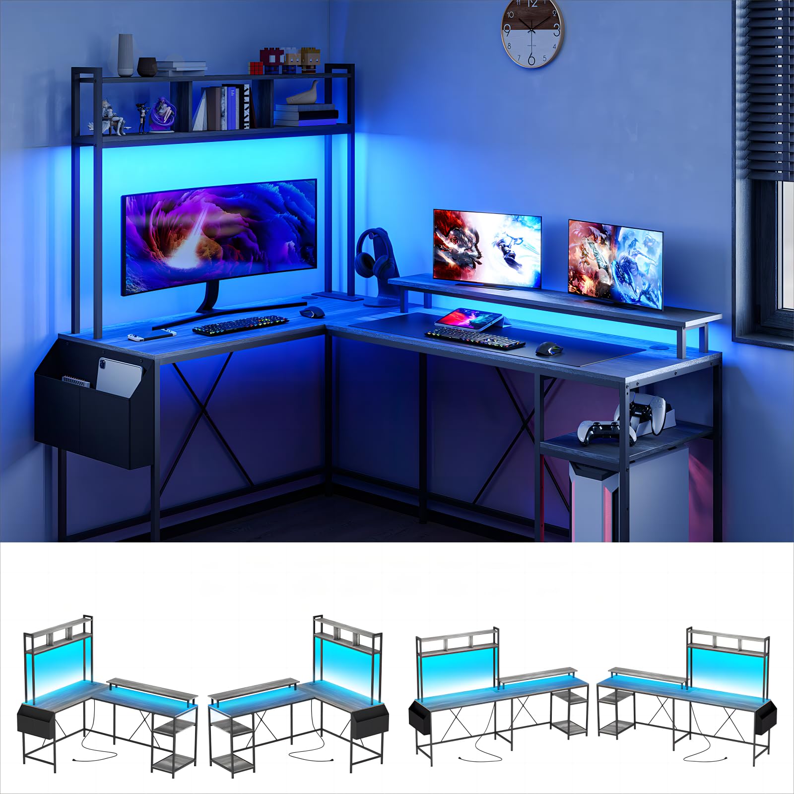 ElectraSpeedy L Shaped Gaming Desk, Reversible Corner Desk with Hutch, Power Outlets, LED Strip, Monitor Stand, Storage Shelves, and Side Storage Bag for Home Office (Grey)