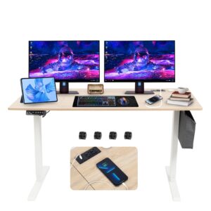 poriya 55x24 inch electric height adjustable standing desk with cable management, splice board, mouse pad, 2-outlet power strip with usb 20w charger, and casters（white frame&log top）