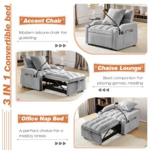 Sleeper Sofa Chair Bed with Charging Ports & Phone Holder & Cup Holder, Modern Velvet 3 in 1 Convertible Pull Out Sofa Bed, Single Chair Bed for Small Spaces Apartment, Grey