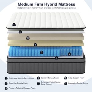 DIFAME Queen Size Mattress, Upgrade Strengthen 12 Inch Hybrid Queen Mattress in a Box,Mattress Queen Size with Memory Foam and Independent Pocket Spring,Medium Firm,Edge Support,Motion Isolation