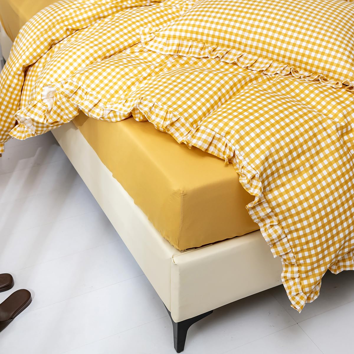 INFLAG Ruffle Duvet Cover Set Twin Size, Vintage Ruffle Plaid Bedding Set, 100% Washed Cotton Soft Breathable Quilt Cover 2 Pieces Zipper Closure Bedding (Yellow, Twin 66"x90")