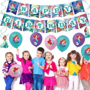 Ariel Birthday Party Supplies, Party Decorations Set Include Banner, Tablecloth, Balloons, Hanging Swirls, Cake Cupcake Toppers for Girls Little Mermaid Party Decorations