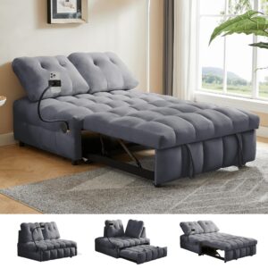 upyooe modern pull out sofa bed, convertible sleeper sofa bed twin size, with usb port, velvet upholstery couch, phone holder, chaise lounge for small spaces, living room, apartment, rv, bedroom, grey