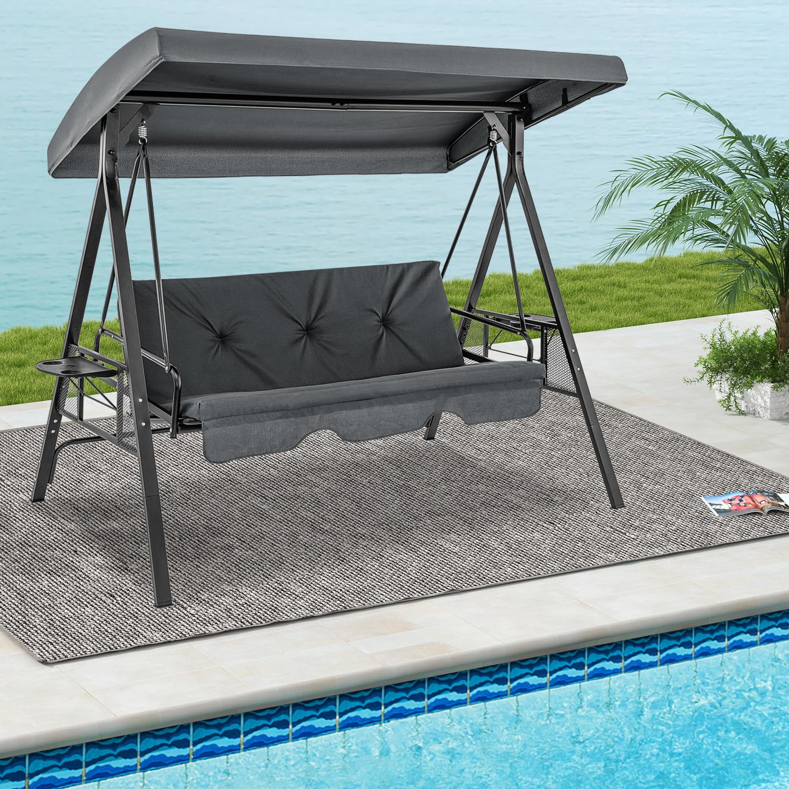 Tangkula 3 Person Porch Swing, 2-in-1 Convertible Patio Swing Bed with Adjustable Canopy, 2 Cup Holder Table, Soft Seat & Back Cushions, Outdoor Swing for Backyard, Garden, 1000 lbs Max Load (Grey)