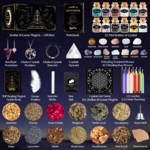 Witchcraft Supplies Kit, 80Pack Witch Starter Kit Wiccan Supplies and Tools Witchy Gifts for Beginners, Spell Candles, Chakra Healing Crystals and Dried Herbs for Zodiac and Lunar Magick