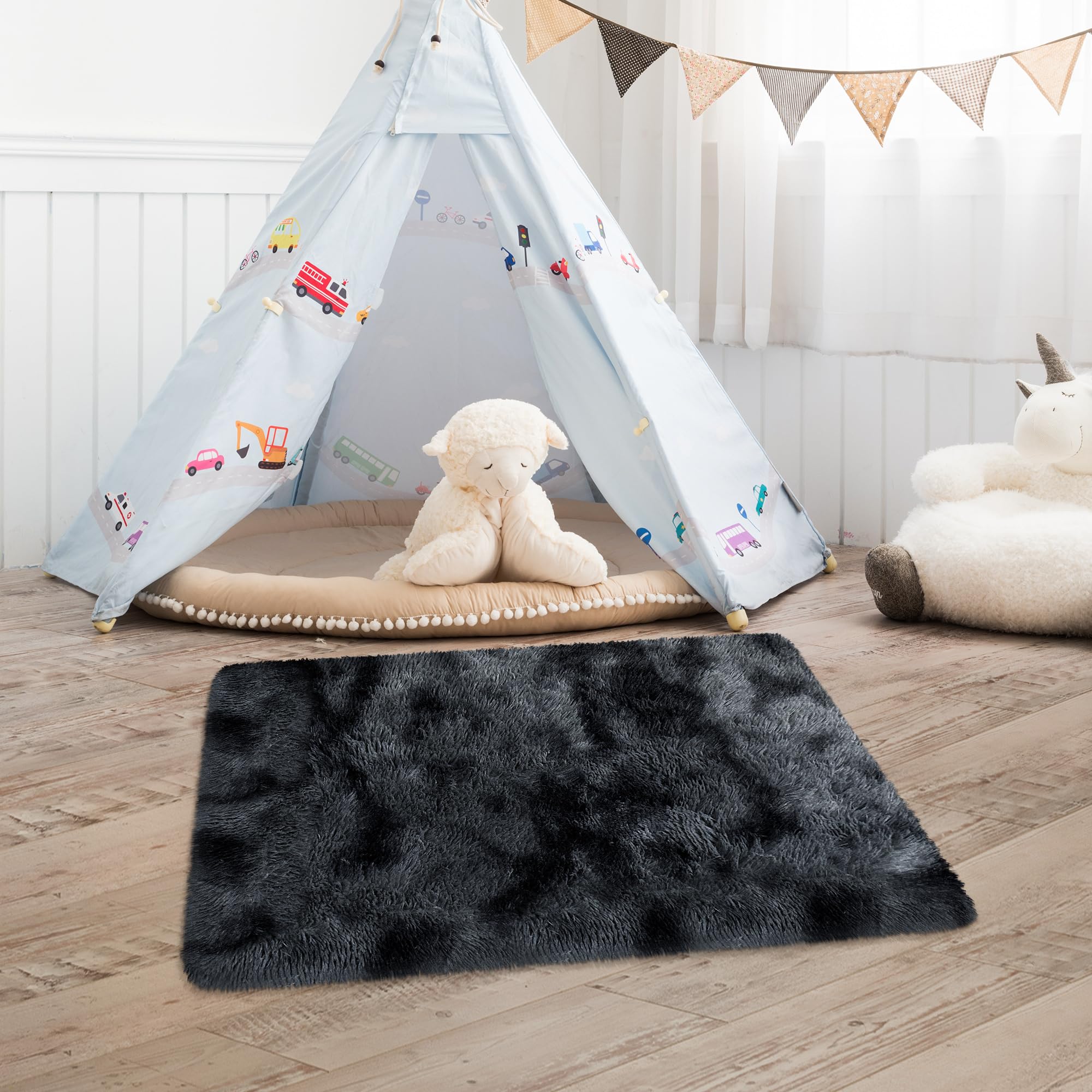 Fixseed Small Area Rug 2x3 Black Rugs for Bedroom Mini Rug for Living Room Soft Fluffy Rug Mat Bedside Throw Rug for Girls Bedroom Kawaii Room Kids Room Boys Teens Nursery Decor Non Slip Fuzzy Rug