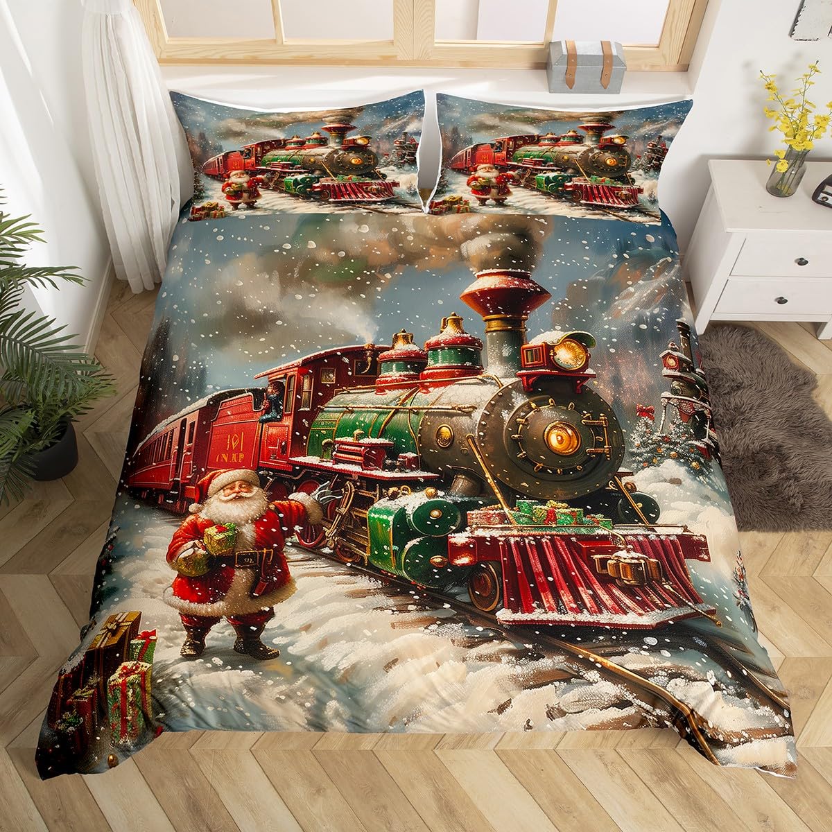 Retro Train Kids Duvet Cover Set Full Size,Snowflake Merry Christmas Santa Claus Bedding Set,Girls Boys Women Room Decor,Choochoo Steam Locomotive Country Quilt Cover,2 Pillowcases(No Comforter)