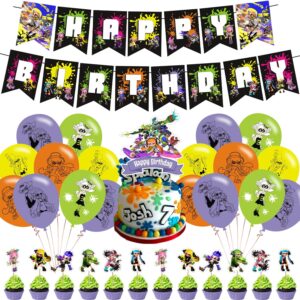 mnhjkiuo 𝑺𝒑𝒍𝒂𝒕𝒐𝒐𝒏 3 birthday party decorations, video game party supplies with happy birthday banner, cupcake cake toppers, balloons for kids adults birthday party baby shower decorations