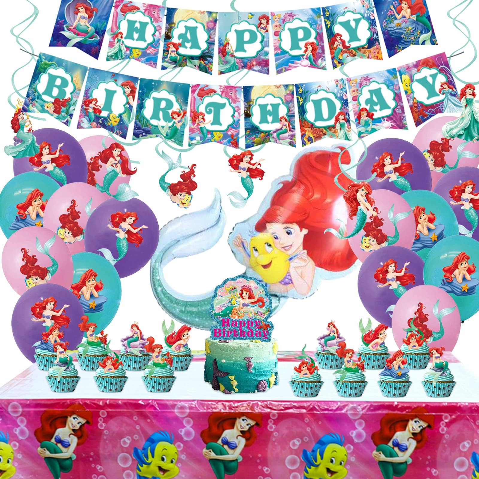 Ariel Birthday Party Supplies, Party Decorations Set Include Banner, Tablecloth, Balloons, Hanging Swirls, Cake Cupcake Toppers for Girls Little Mermaid Party Decorations