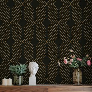 likiliki geometric peel and stick wallpaper black and gold wallpaper modern contact paper boho removable self-adhesive decorative wallpaper for cabinets bathroom bedroom kitchen vinyl roll 17.3”x118”