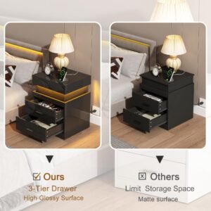 ChooChoo LED Nightstand Set of 2,Smart Night Standwith Charging Station and Sliding Top Storage, Black