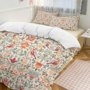 william morris vintage floral duvet cover sets mid century rustic art printed lightweight soft quilt cover floral bird art soft microfiber 3 piece (1 duvet cover 90x102in + 2 pillow sham 20x30in)