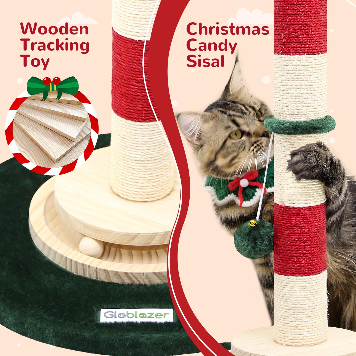 Globlazer Xmas32 Christmas Cat Scratching Posts for Indoor Cats Adults, 32 inch Xmas Cat Scratching Post Cat Scratcher Sisal Large Cat Scratching Post with Modern Wooden Ball Tracking Interactive Toys