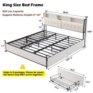 RedLemon King Size Bed Frame with Upholstered Headboard, Modern Farmhouse Wood Metal Platform Bed with Storage Drawers, Charging Station and LED, No Box Spring Needed, Antique White