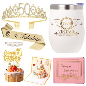 sipbysop 50th birthday gifts for her,50th birthday decorations for women,12oz vintage 1974 stemless wine tumblers for women，50th birthday decorations women crown, sash, cake topper and candles