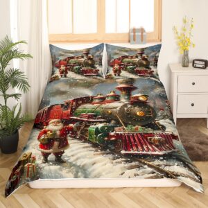 Retro Train Kids Duvet Cover Set Full Size,Snowflake Merry Christmas Santa Claus Bedding Set,Girls Boys Women Room Decor,Choochoo Steam Locomotive Country Quilt Cover,2 Pillowcases(No Comforter)