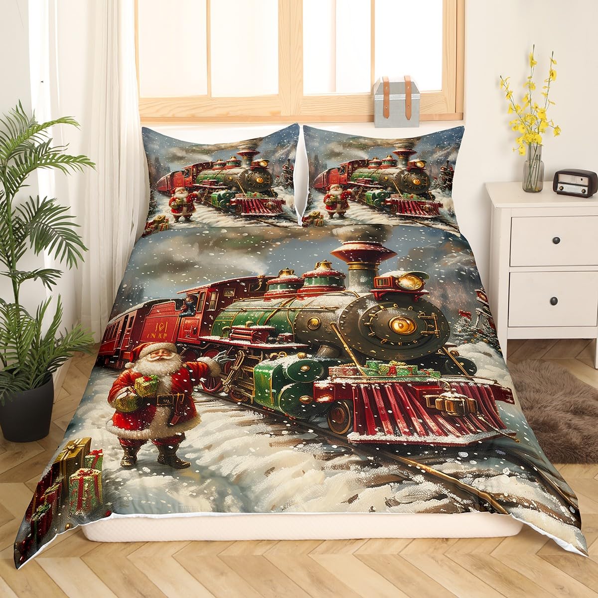 Retro Train Kids Duvet Cover Set Full Size,Snowflake Merry Christmas Santa Claus Bedding Set,Girls Boys Women Room Decor,Choochoo Steam Locomotive Country Quilt Cover,2 Pillowcases(No Comforter)