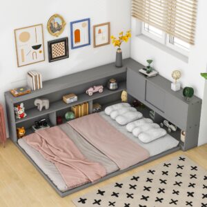 anwickjeff full size floor bed with l-shaped bookcases and sliding doors,wood platform bed frame corner bed for kids,teens grey