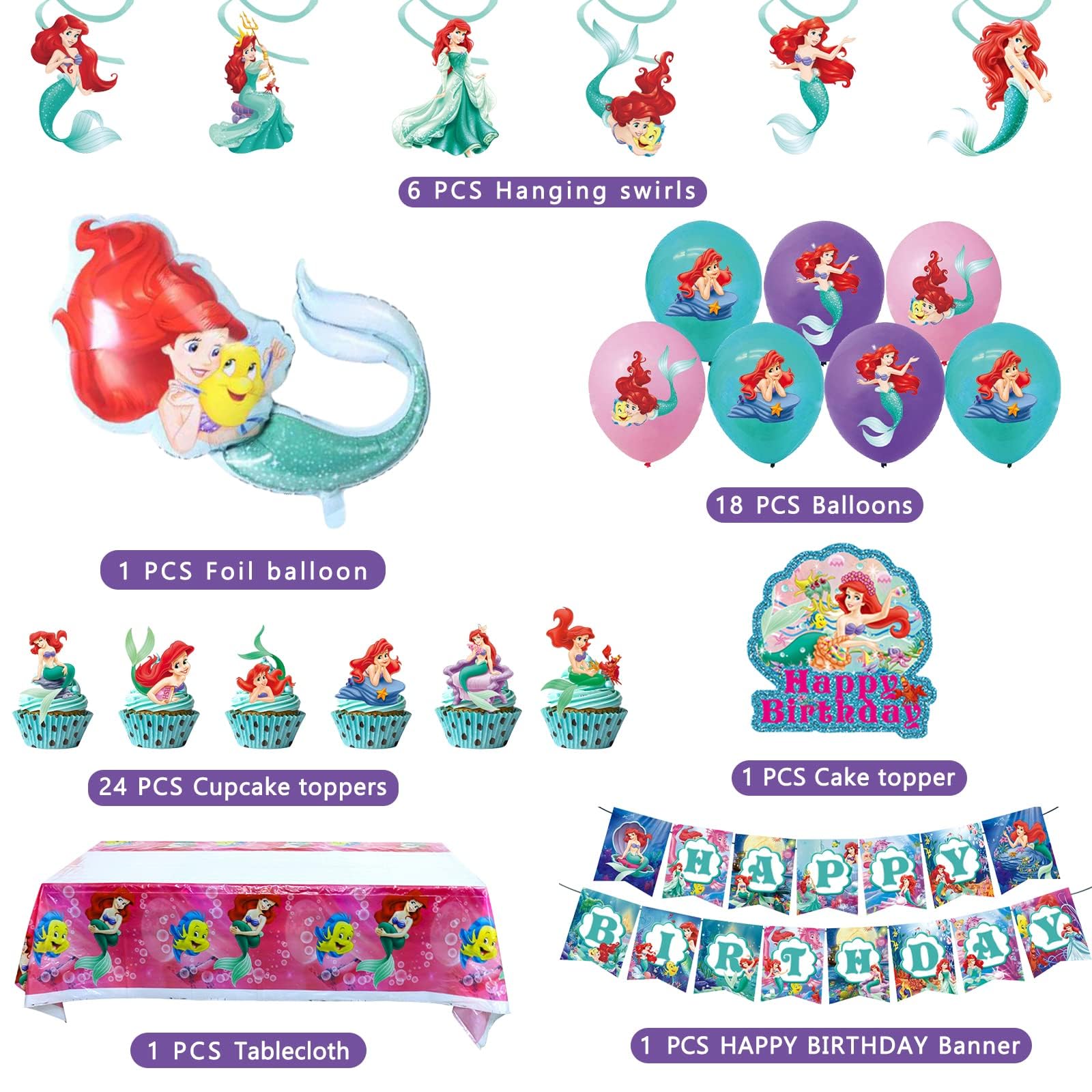 Ariel Birthday Party Supplies, Party Decorations Set Include Banner, Tablecloth, Balloons, Hanging Swirls, Cake Cupcake Toppers for Girls Little Mermaid Party Decorations