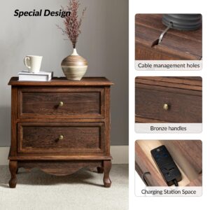 HULALA HOME Wood Nightstand with Charging Station Space, Bedside Table 2 Drawer Dresser with Drawer and Wooden Legs, French Storage End Table for Bedroom Living Room，Walnut