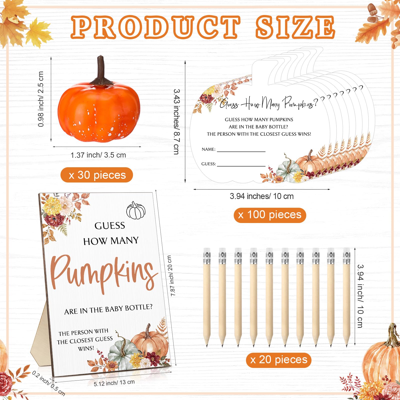 Seenelling 152 Pcs Fall Baby Shower Games Guess How Many Pumpkins Game Stand Sign 100 Pumpkins Guessing Cards 20 Pencils 1 Large Baby Bottle 30 Pumpkins for Guests Gender Reveal Party Game Decorations