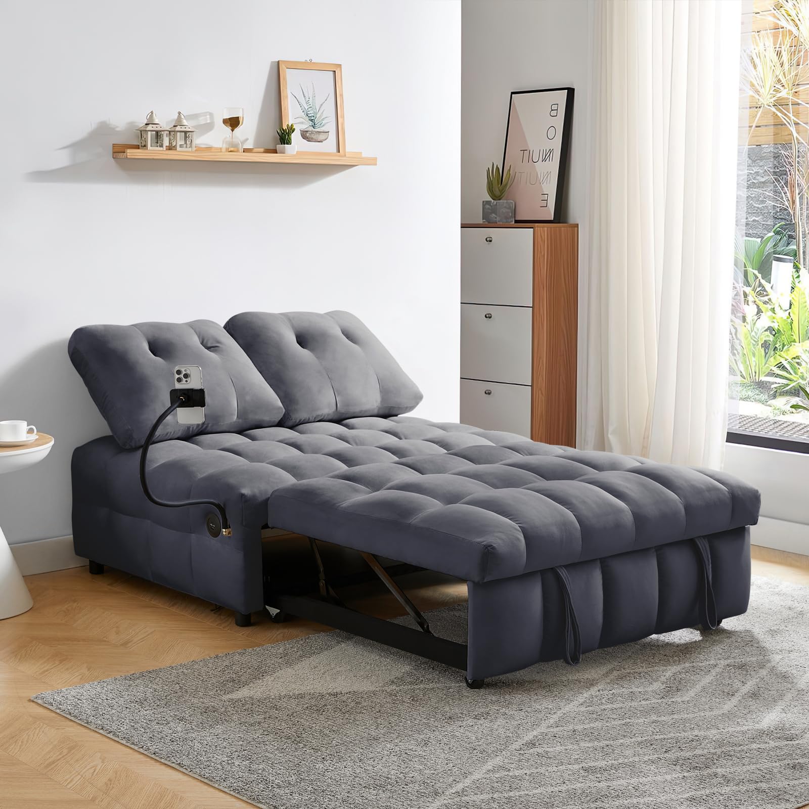 Sleeper Sofa Couch Bed with Charging Port/Phone Holder, 48-inch Modern Tufted Velvet Pull Out Loveseat Futon Sofa for Living Room Apartment, Adjustable Backrest, Grey