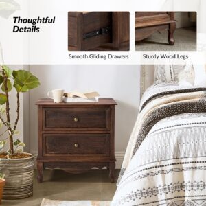 HULALA HOME Wood Nightstand with Charging Station Space, Bedside Table 2 Drawer Dresser with Drawer and Wooden Legs, French Storage End Table for Bedroom Living Room，Walnut