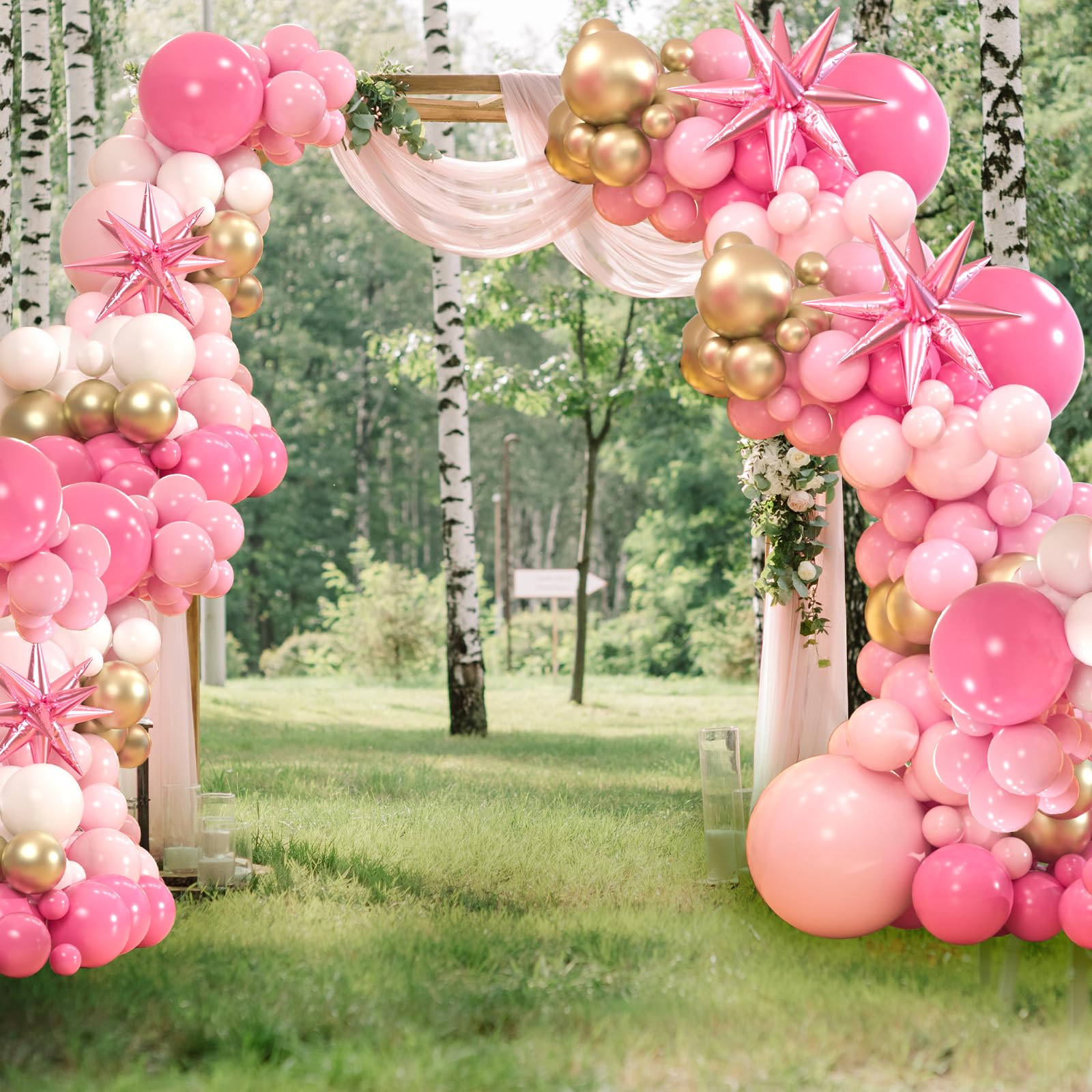 161pcs Pink Balloons Arch Kit, Pastel Macaron Pink and Gold White Balloons With 3pcs Starburst Foil Balloons for Birthday Baby Shower Bridal Shower Wedding Valentine’s Party Decorations