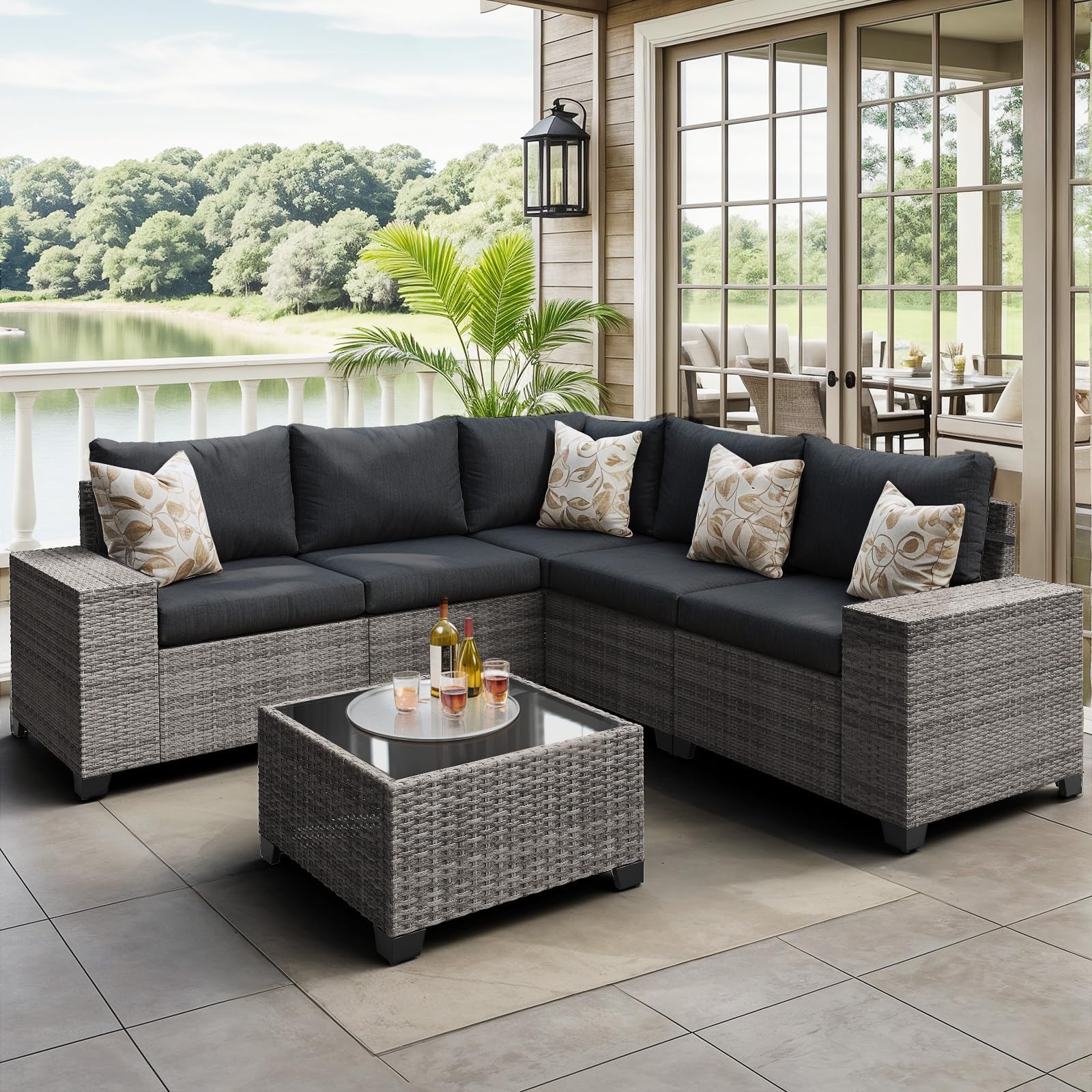 JOIVI 6 Piece Outdoor Patio Furniture Set - Wicker Sofa with Coffee Table, Powder-Coated Frame & Handwoven PE Rattan for All-Weather Durability, Ideal for Parties