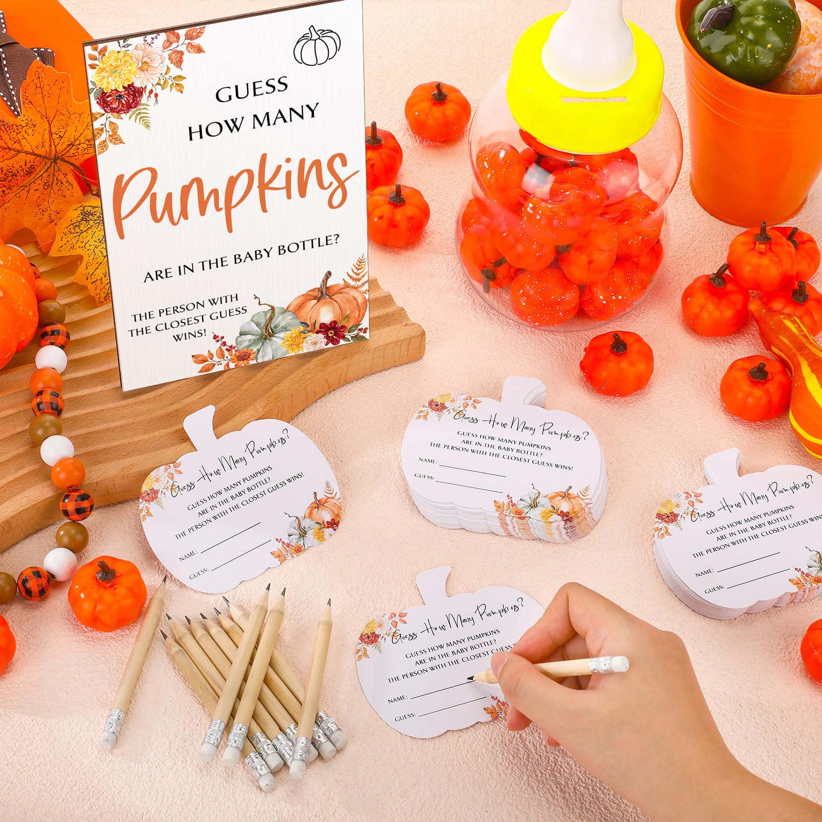 Seenelling 152 Pcs Fall Baby Shower Games Guess How Many Pumpkins Game Stand Sign 100 Pumpkins Guessing Cards 20 Pencils 1 Large Baby Bottle 30 Pumpkins for Guests Gender Reveal Party Game Decorations