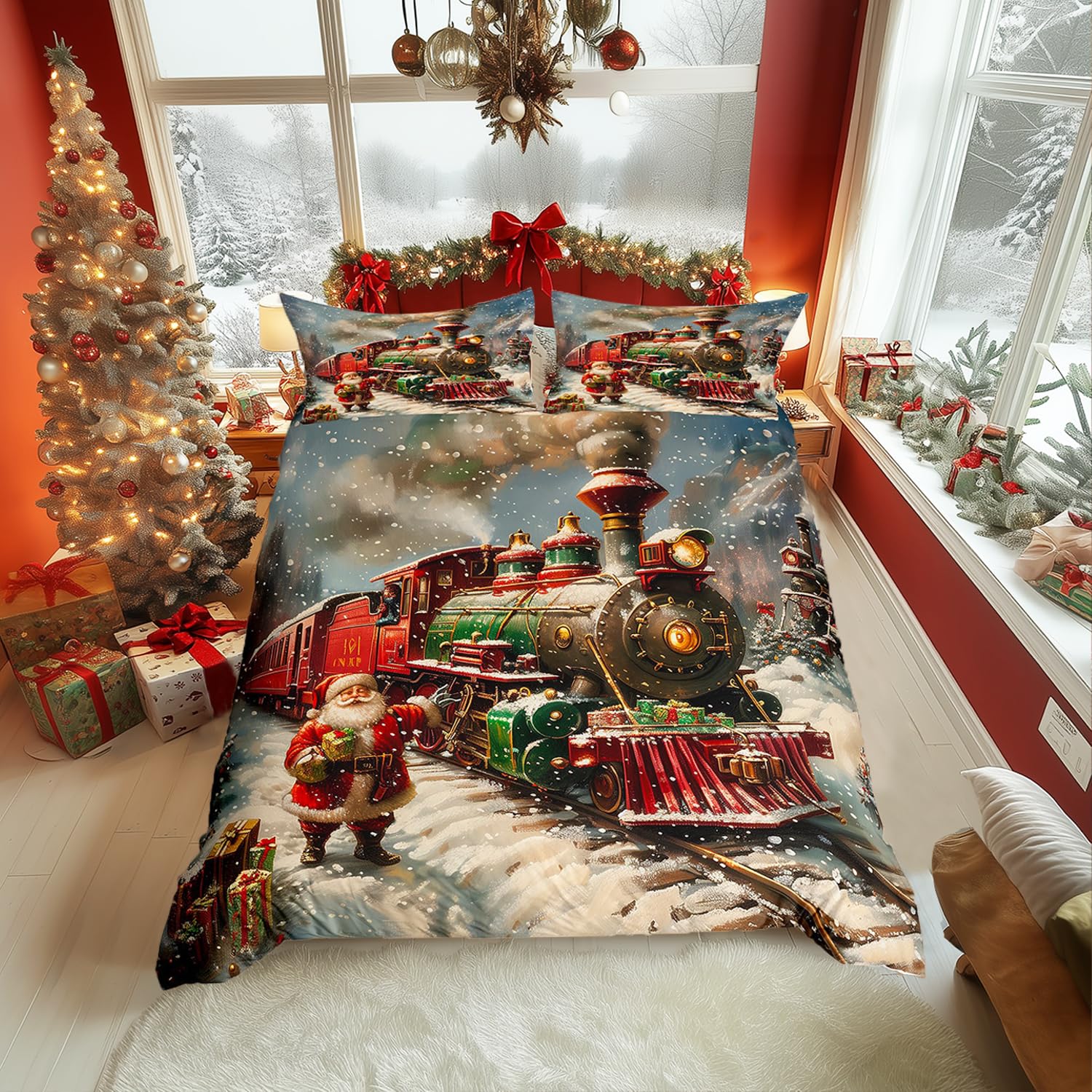 Retro Train Kids Duvet Cover Set Full Size,Snowflake Merry Christmas Santa Claus Bedding Set,Girls Boys Women Room Decor,Choochoo Steam Locomotive Country Quilt Cover,2 Pillowcases(No Comforter)